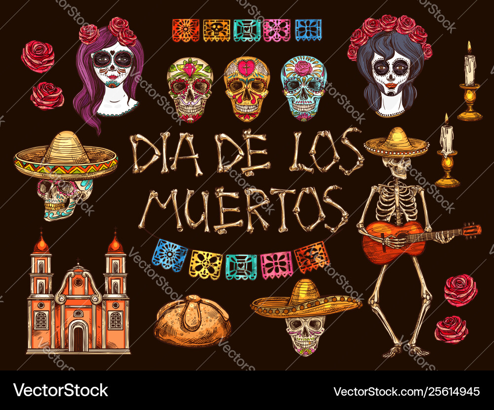 Mexican day dead skulls and skeleton symbols Vector Image