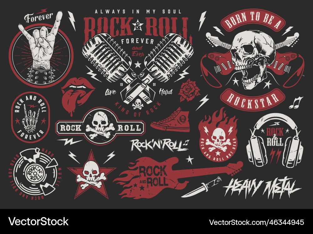 Rocknroll music set colorful labels Royalty Free Vector