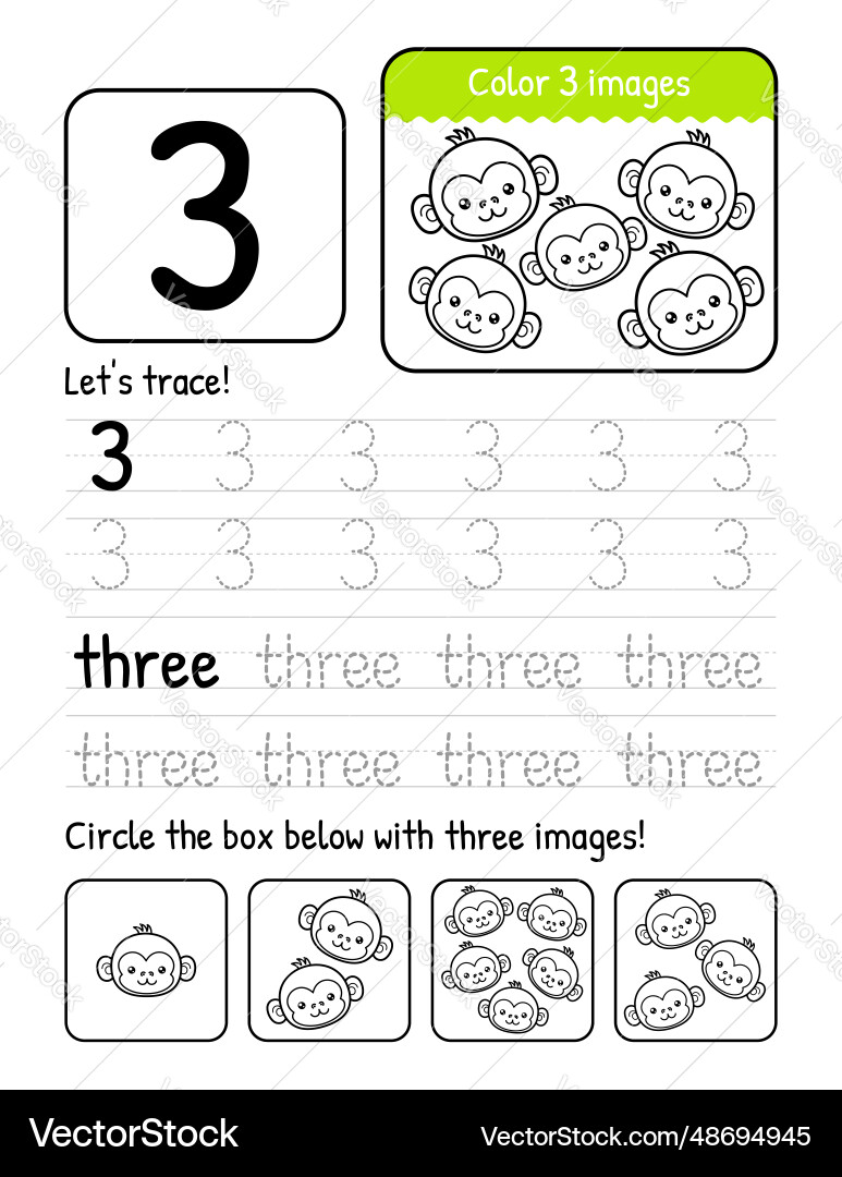 Word and number three tracing book interior Vector Image
