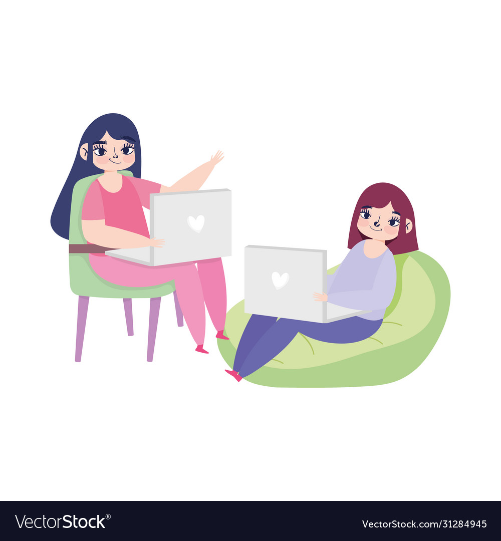 Working remotely young women with laptops Vector Image