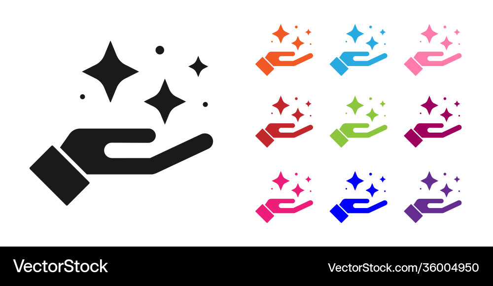 Black sparkle stars with magic trick icon isolated