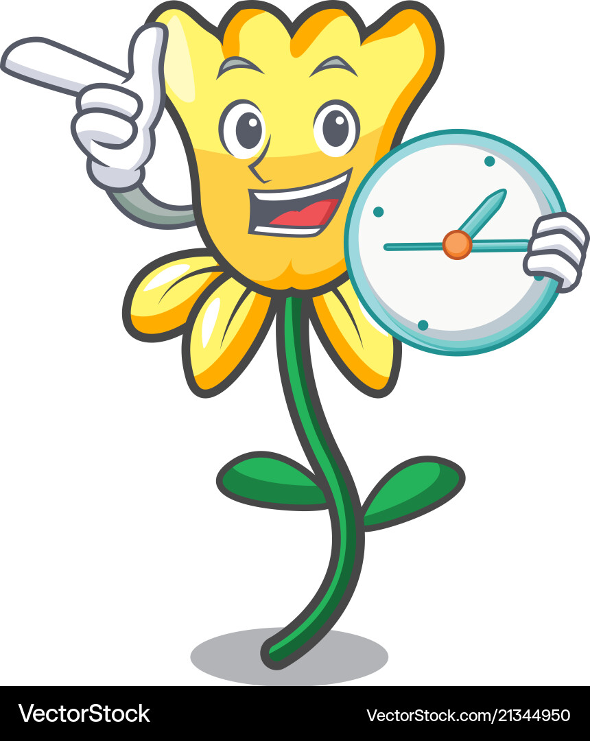With clock daffodil flower character cartoon Vector Image