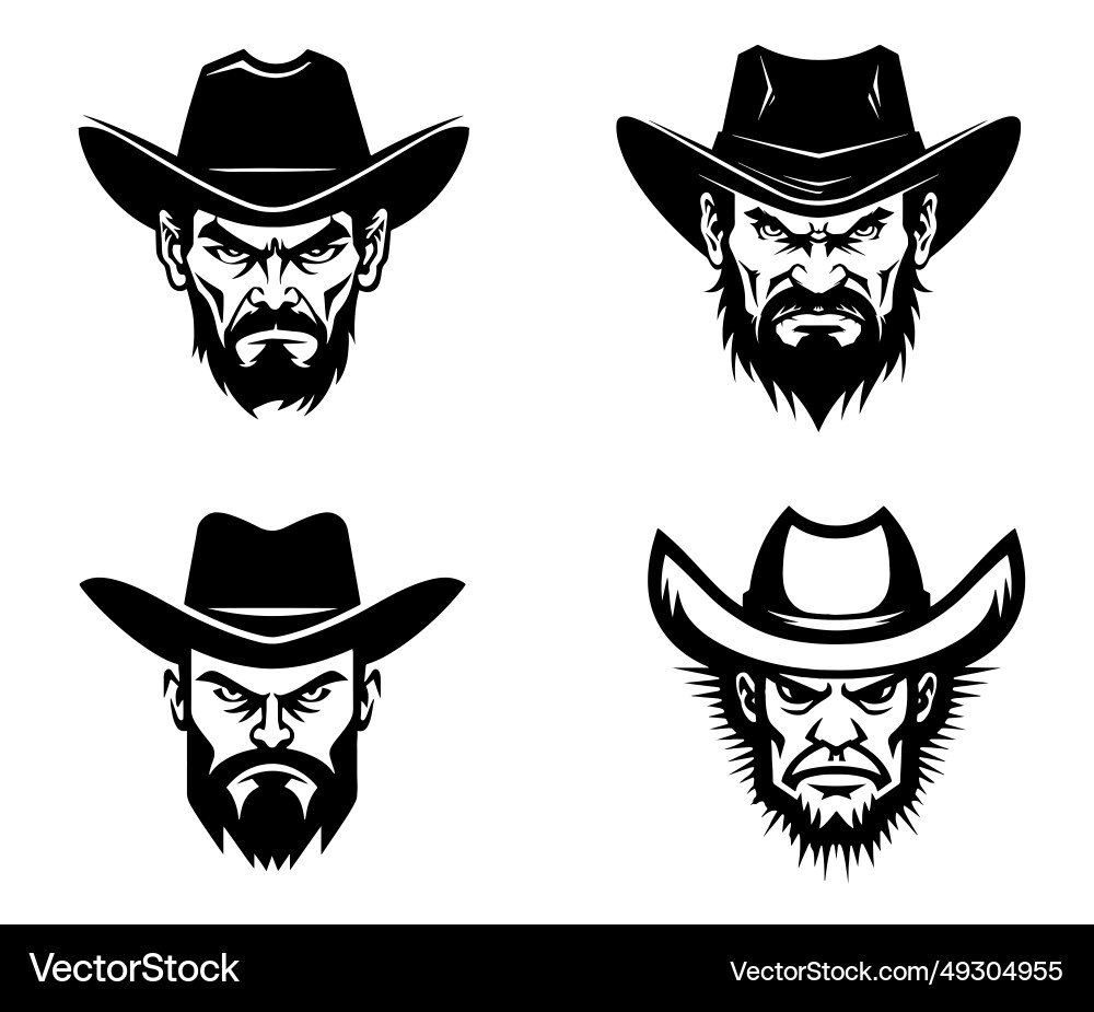 Angry cowboy in a hat black and white Royalty Free Vector