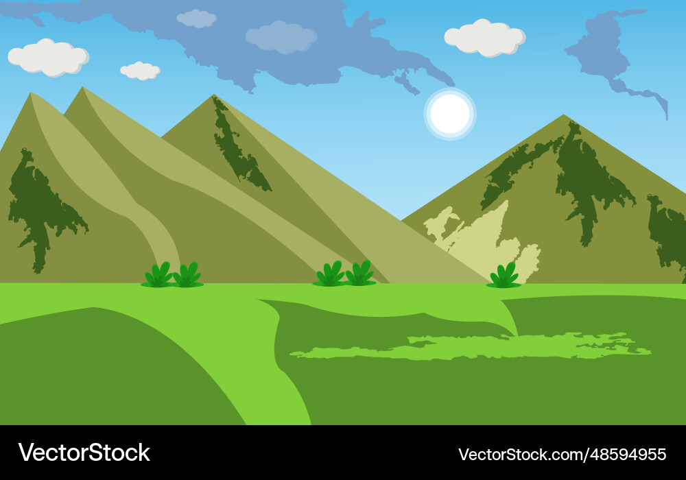 Cartoon mountain landscape with blue sky sun Vector Image