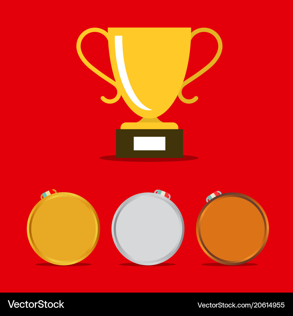 Medals icons set with gold winning cup Royalty Free Vector