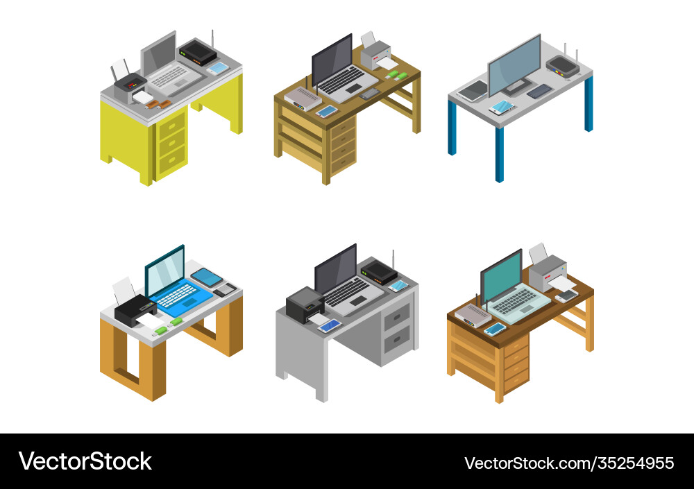 Set of isometric office desk on background Vector Image