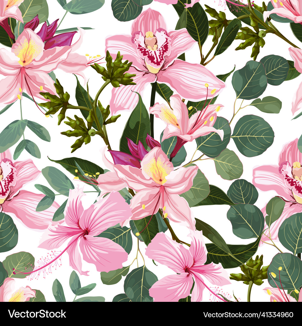Floral seamless pattern with tropical pink flowers