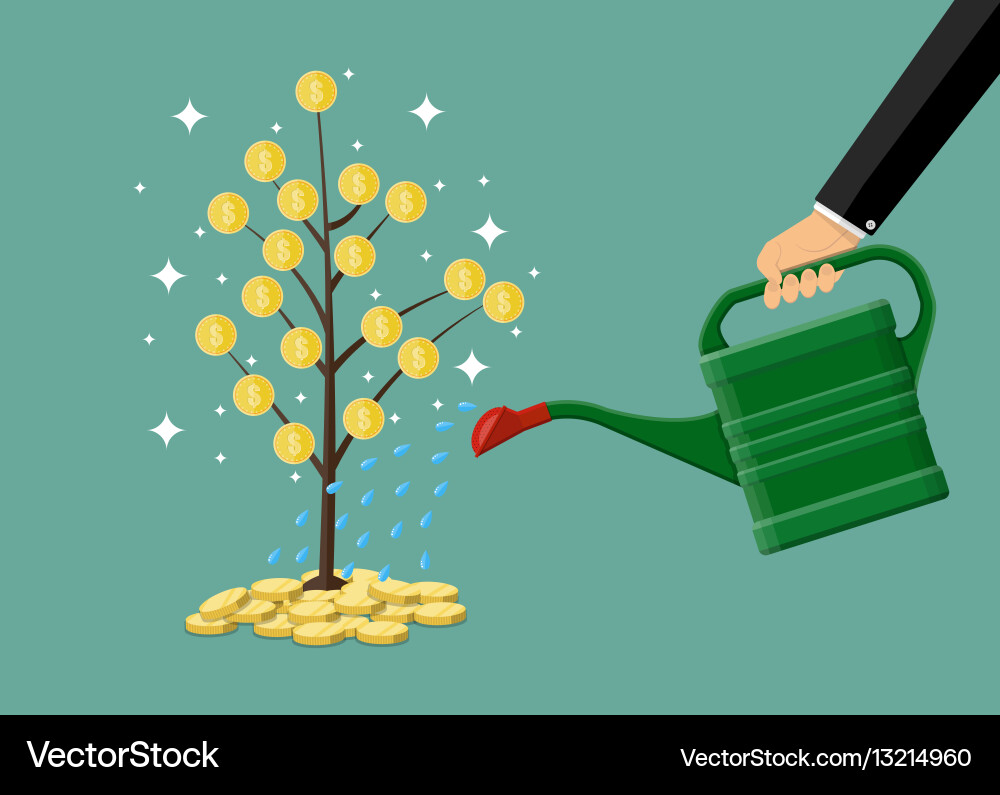 Hand watering money coin tree with can Royalty Free Vector