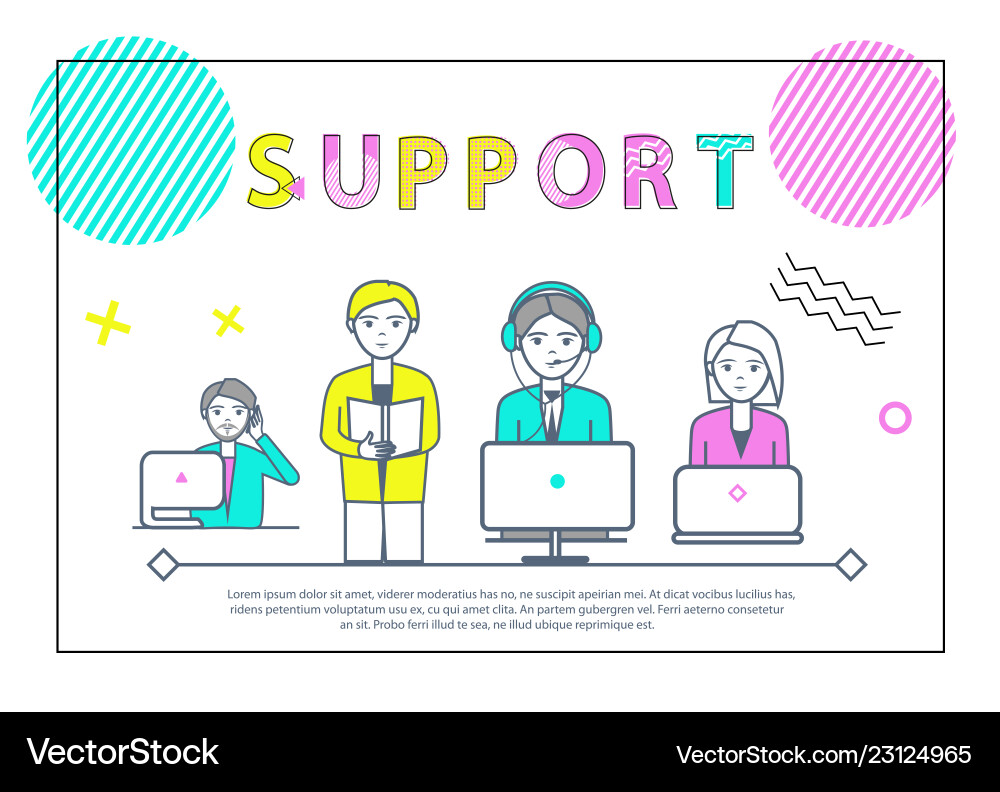 Support team of people with laptops poster Vector Image