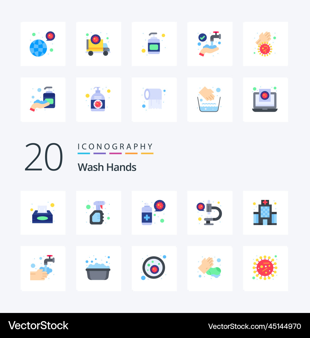 20 wash hands flat color icon pack like building Vector Image