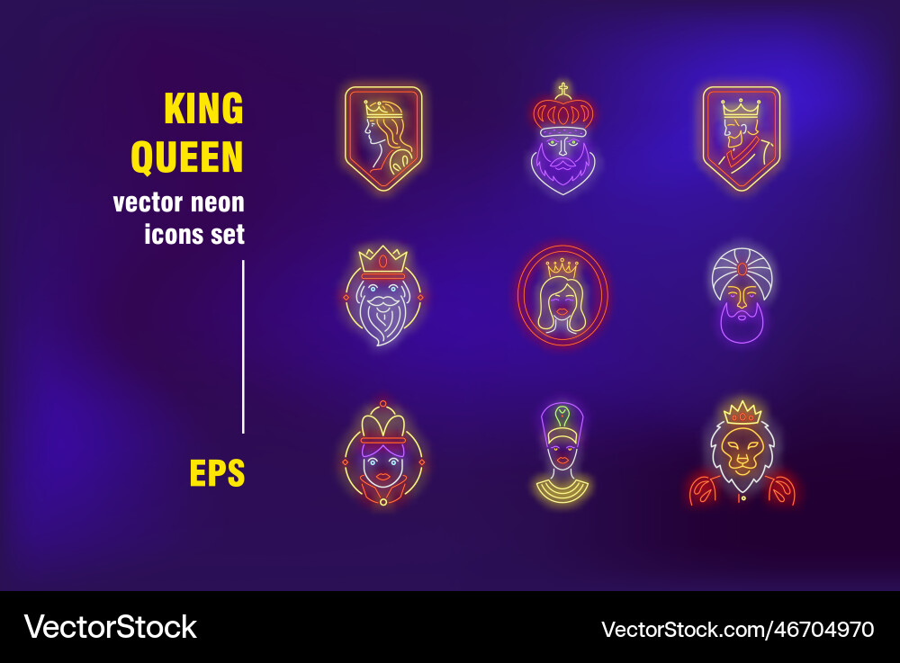 Kings and queens neon signs set Royalty Free Vector Image