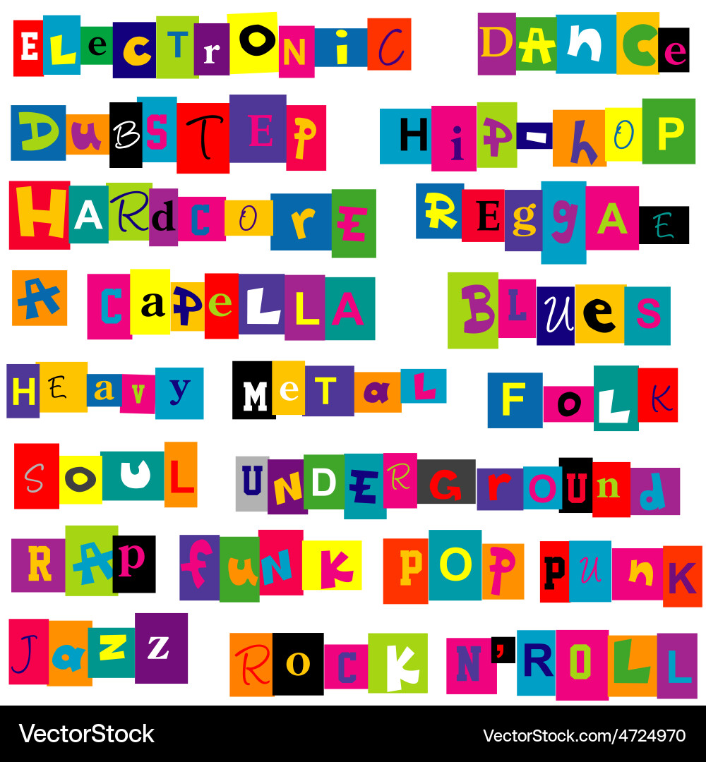 Music genres made colorful letters Royalty Free Vector Image