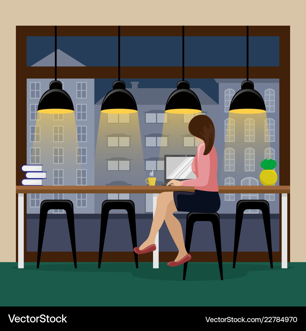 Woman working at the computer bar counter Vector Image