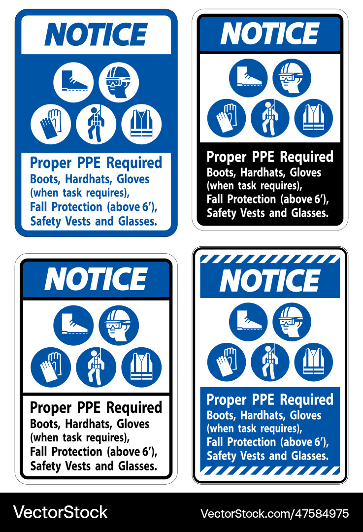 Notice sign proper ppe required boots hardhats Vector Image