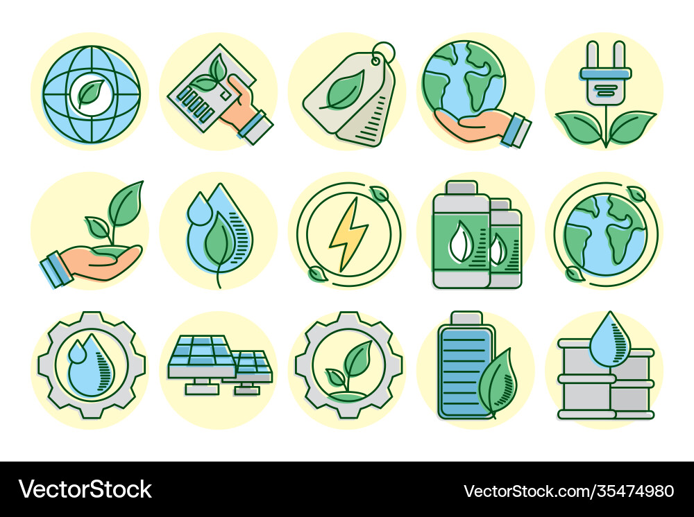 Bundle fifteen eco and earth line fill Royalty Free Vector