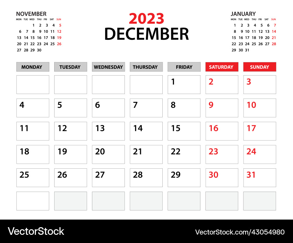 Calendar 2023 template - december 2023 year Vector Image