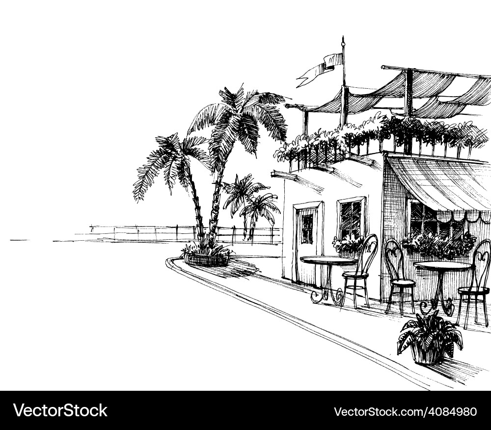 Traditional restaurant sea shore sketch Royalty Free Vector