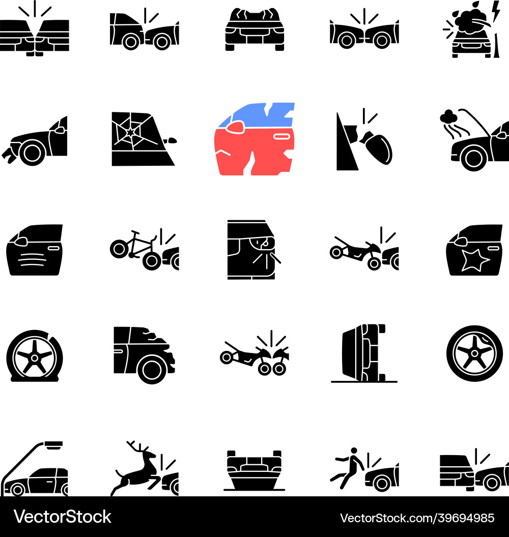 Car accident types black glyph icons set on white Vector Image