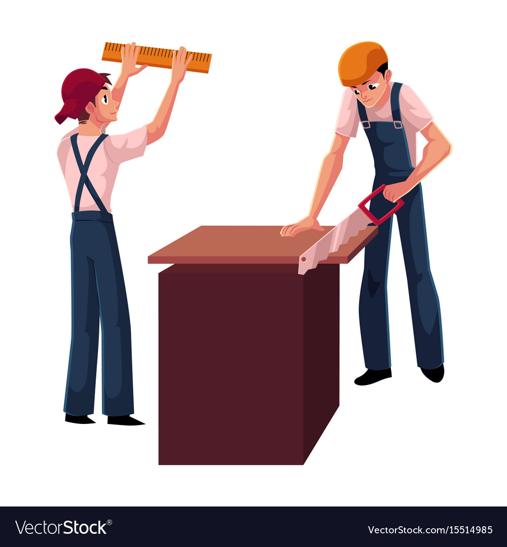 Two construction workers builders - one measuring Vector Image