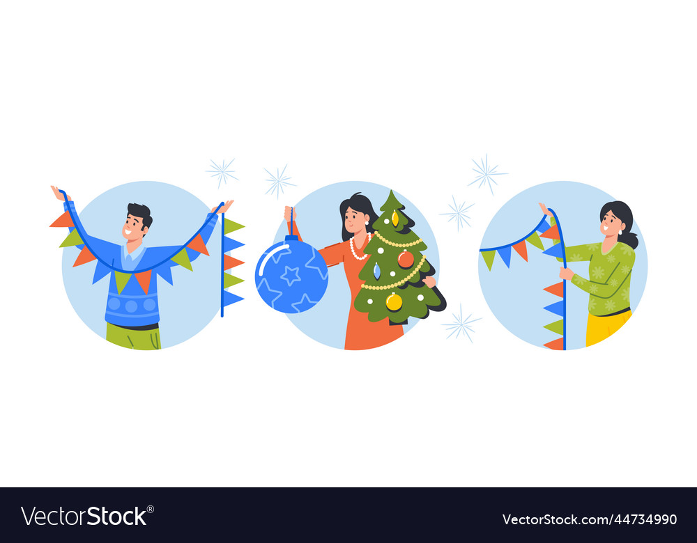 Happy people decorate tree isolated round icons Vector Image Happy people decorate tree isolated round icons Vector Image