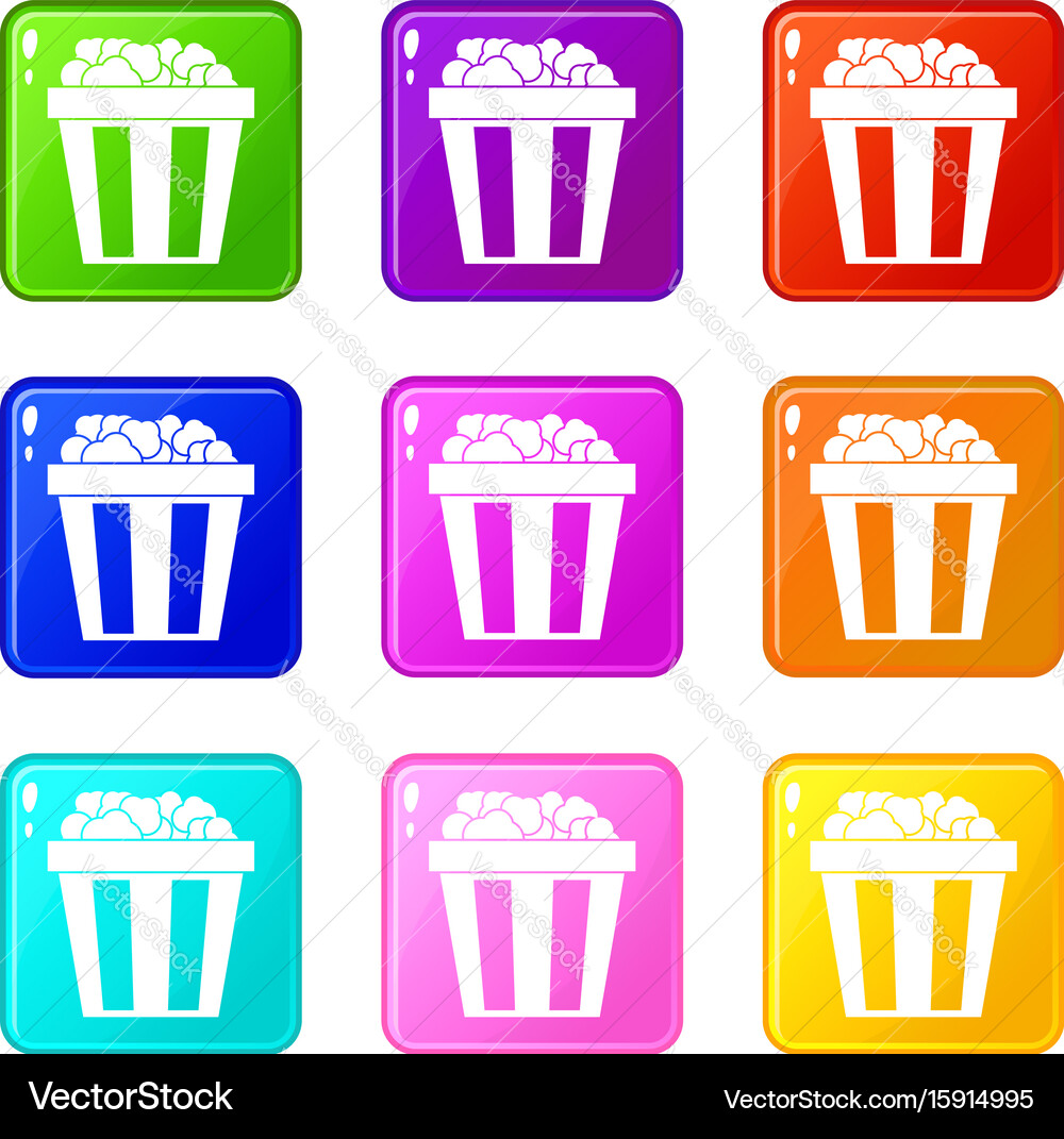 Box of popcorn icons 9 set Royalty Free Vector Image