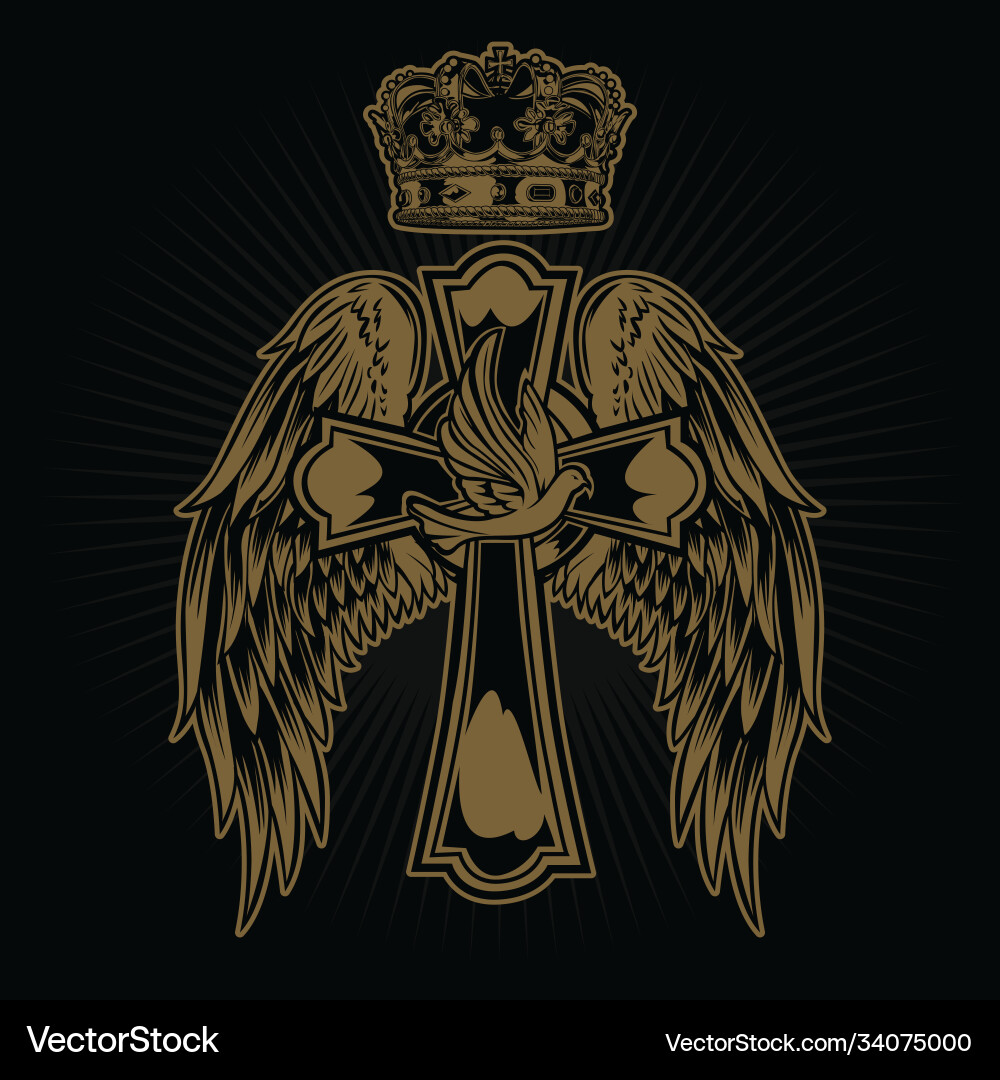 Christian cross wing crown drawing blak Royalty Free Vector