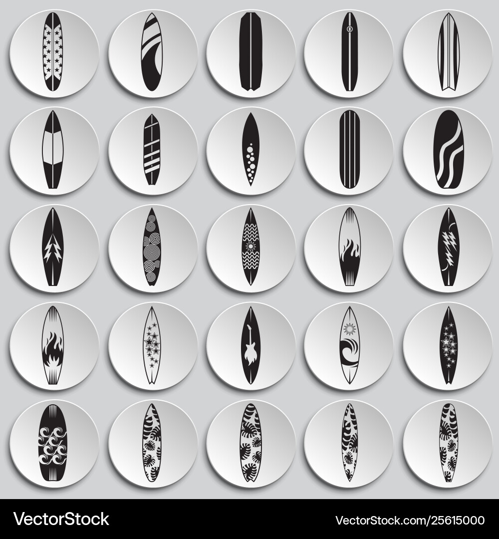 Surfboard icons set on plates background Vector Image