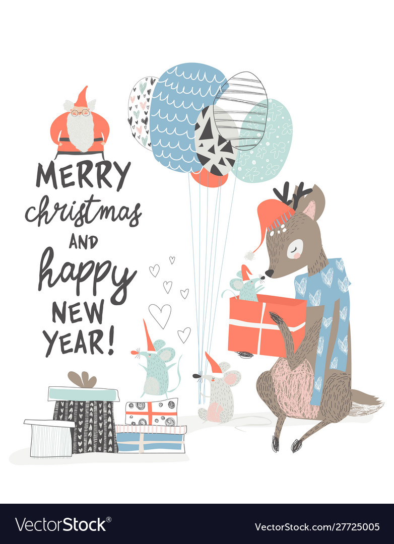 Greeting christmas card with cute deer and mouses Vector Image