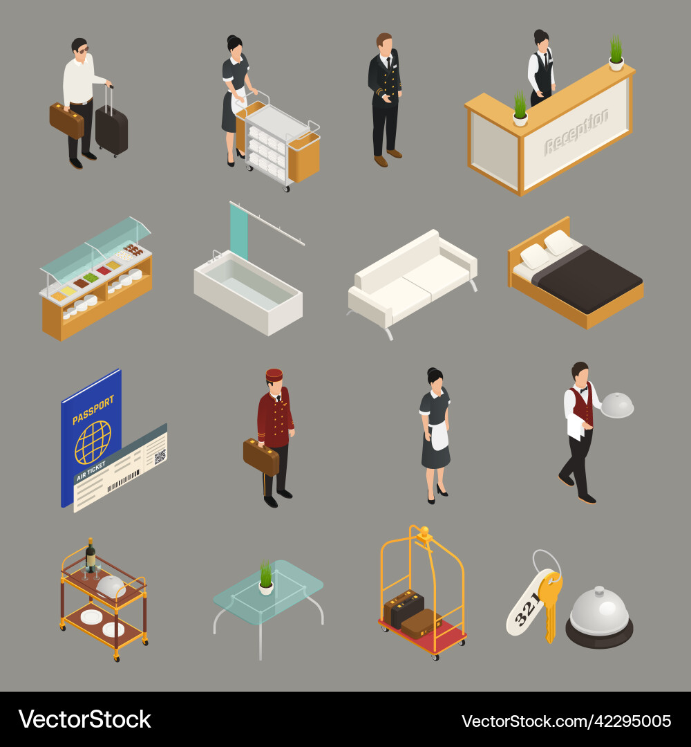 Hotel service staff isometric icons Royalty Free Vector