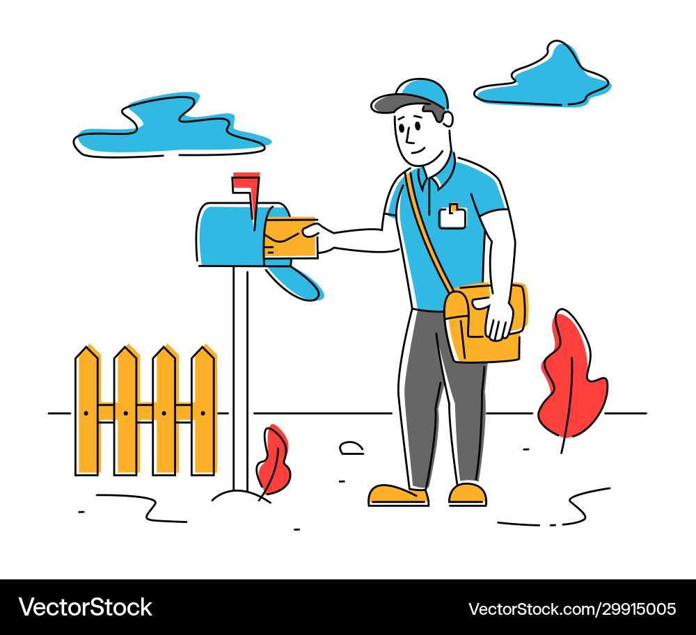 Man postman with bag on shoulder put letter Vector Image