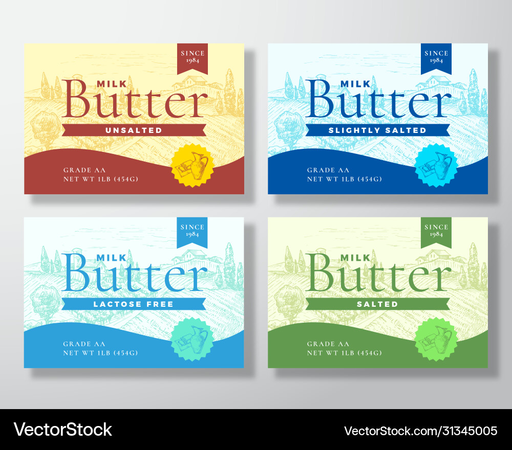 Milk butter dairy labels collection abstract Vector Image