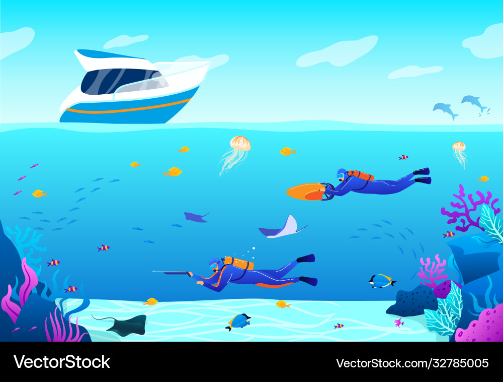 People diving cartoon flat Royalty Free Vector Image