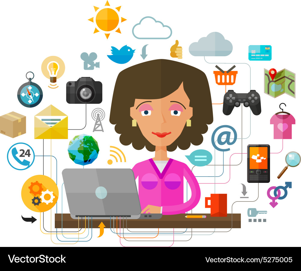 Young woman at the computer on internet Royalty Free Vector