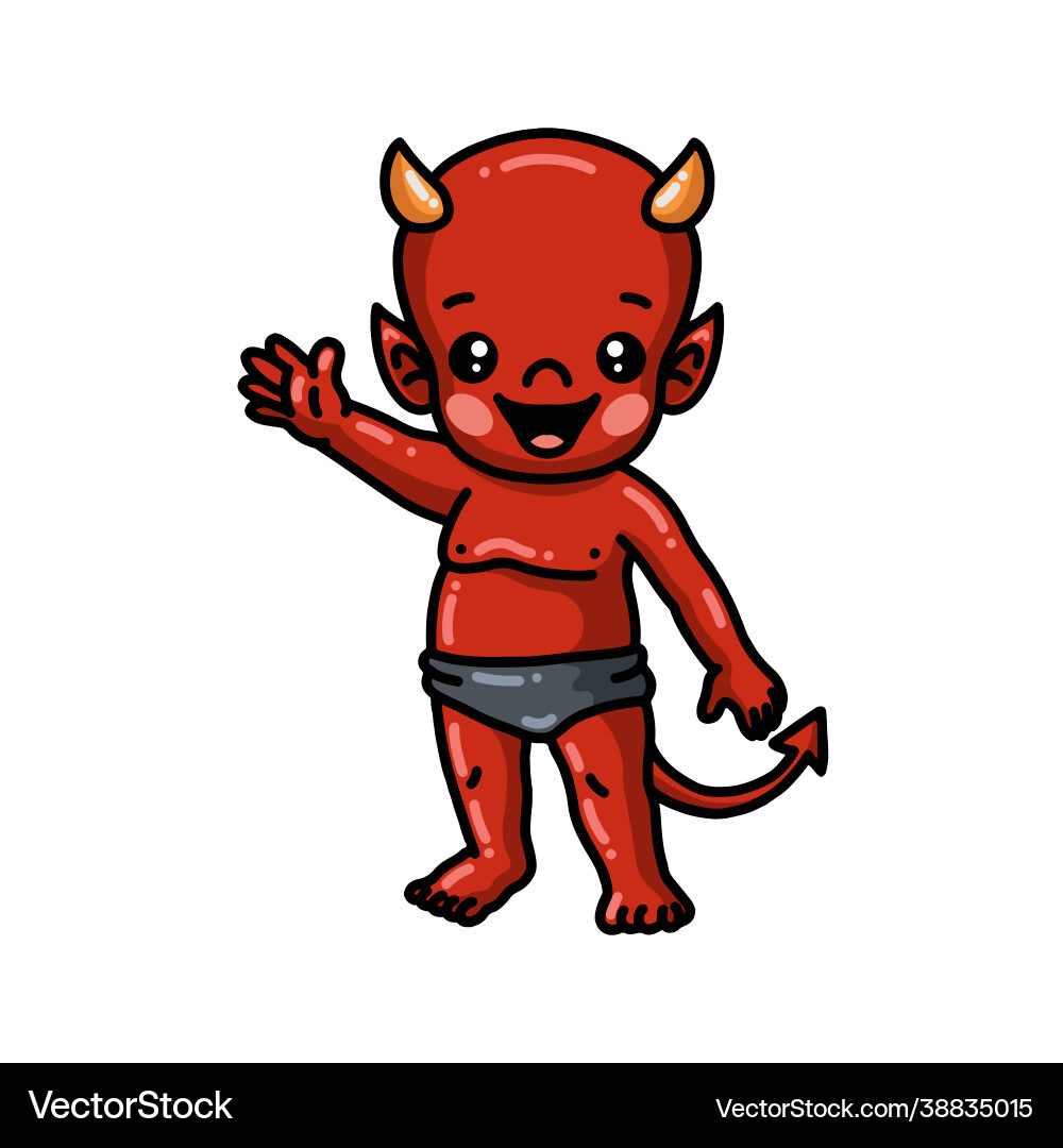 Cute little devil cartoon waving hand Royalty Free Vector