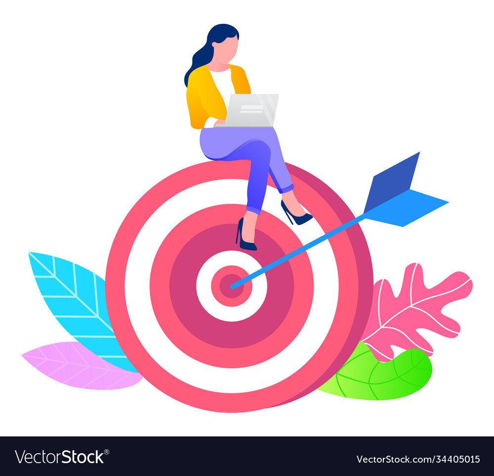 Woman sitting on target working with computer Vector Image