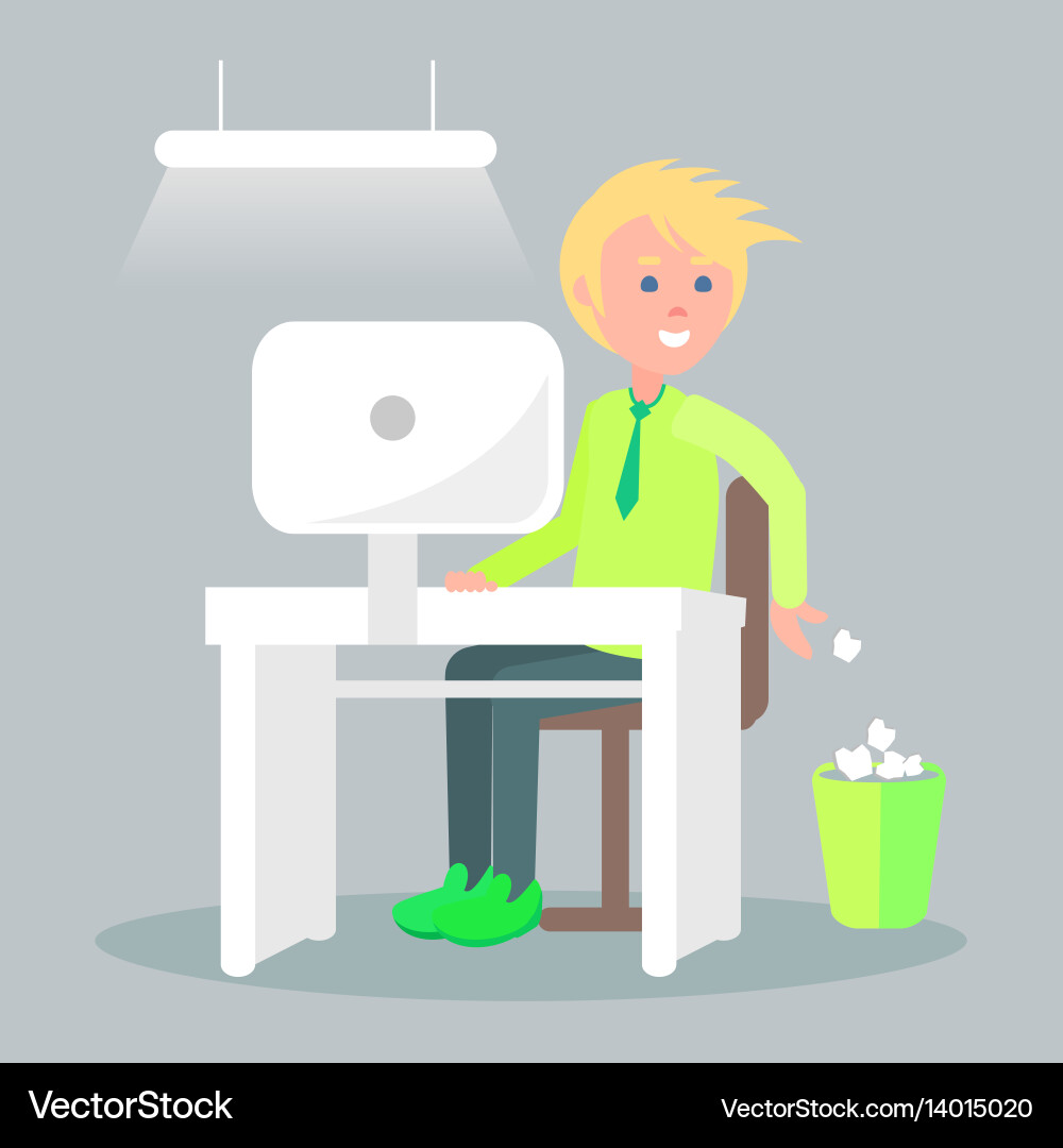 Cartoon male character sits at table with computer