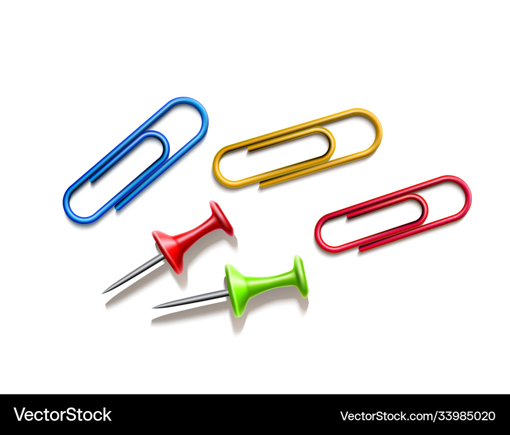 Realistic pins and colored paper clips set Vector Image