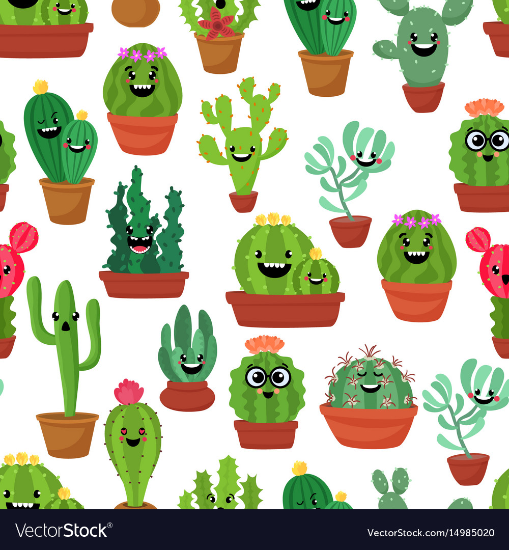 Seamless pattern with cute kawaii cactus Vector Image