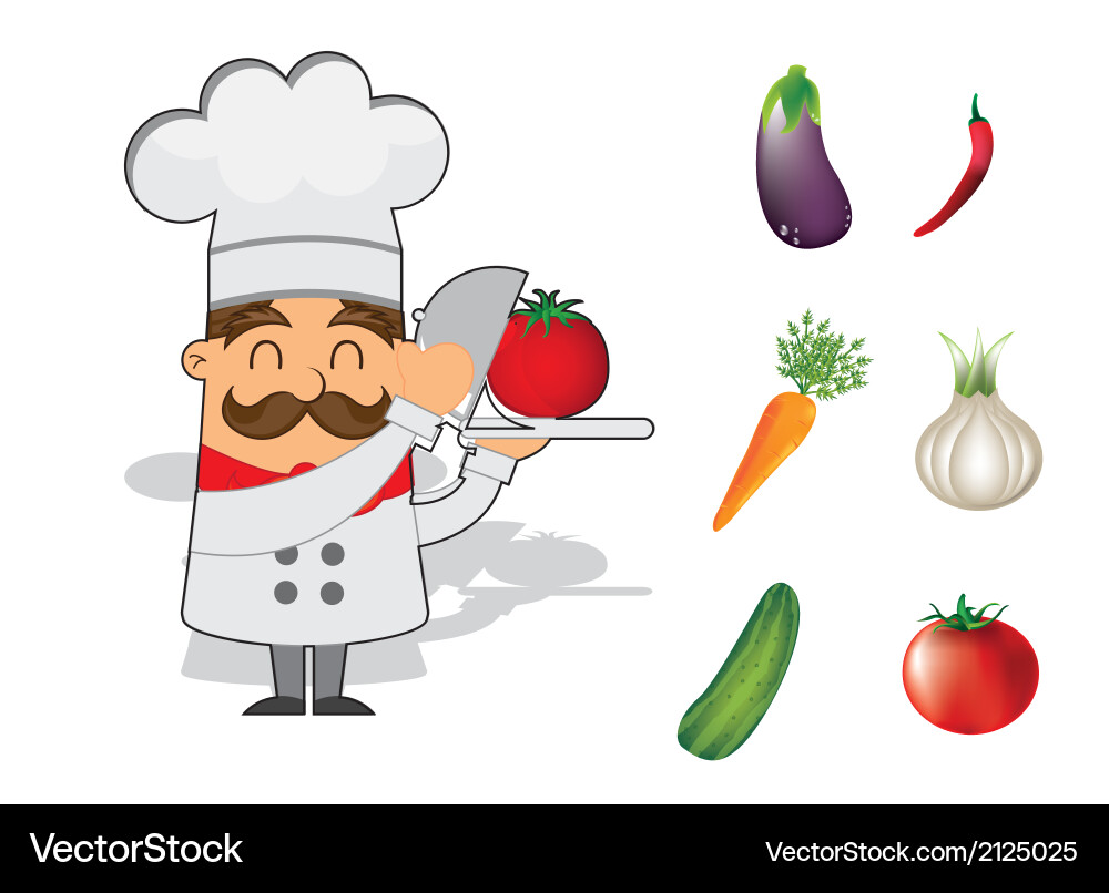 Cartoon chef with vegetables over white background