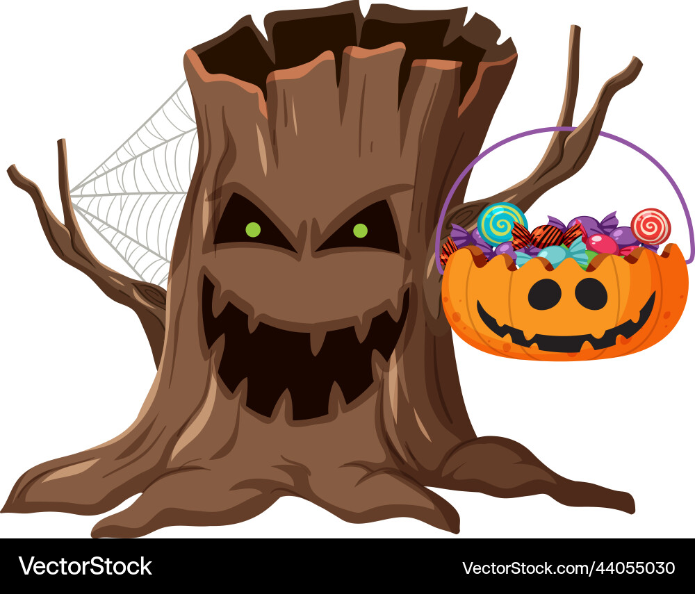 A scary tree stump holding candy basket on white Vector Image