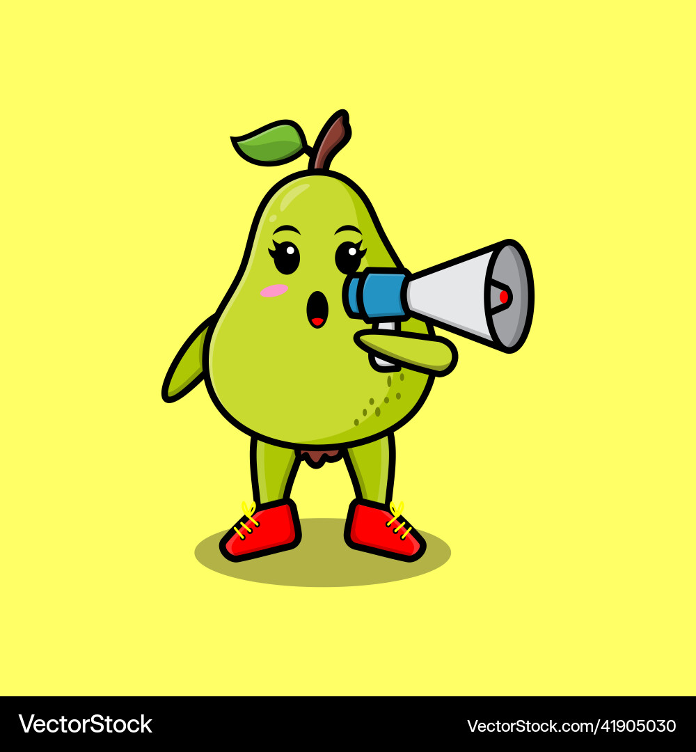 Cute cartoon pear fruit speak with megaphone Vector Image