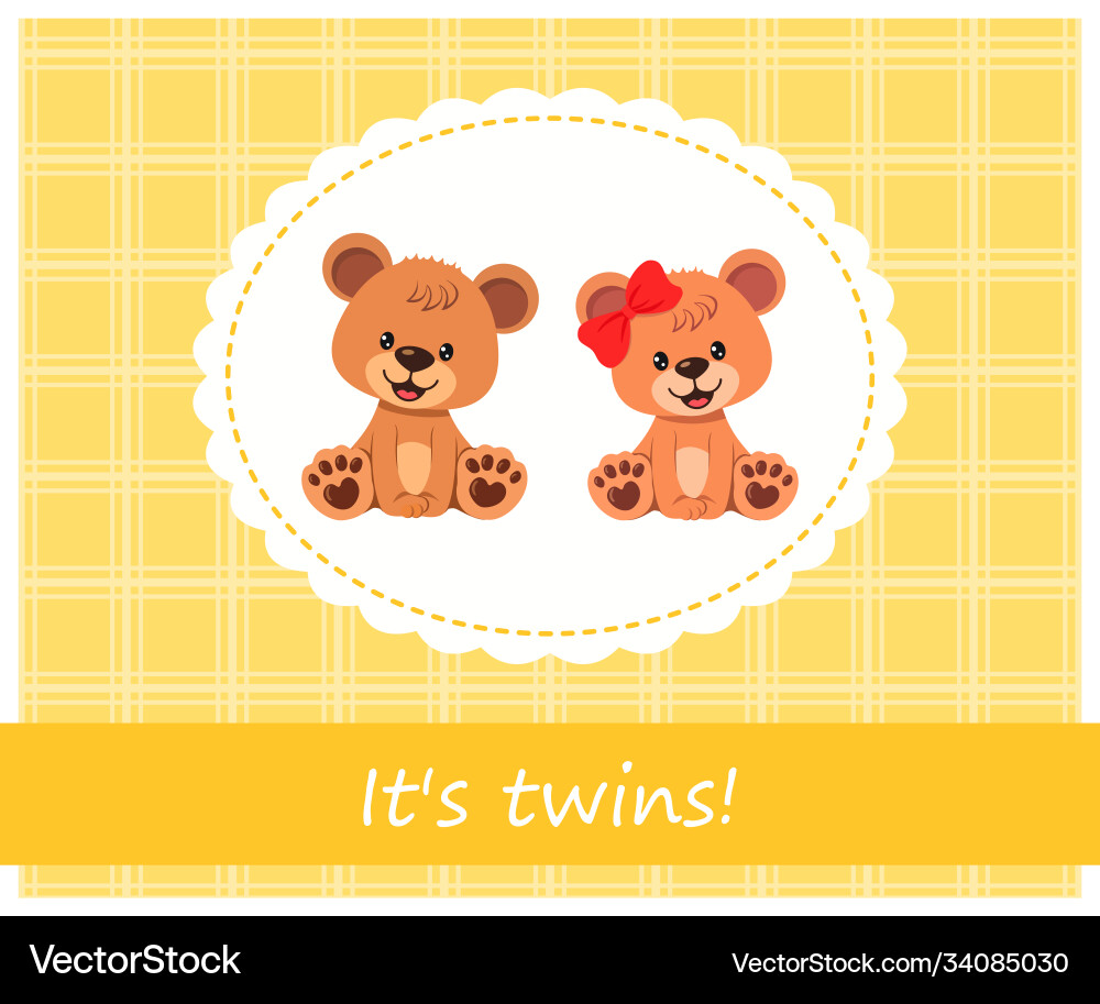 Greeting card its twins with teddy bear babies Vector Image