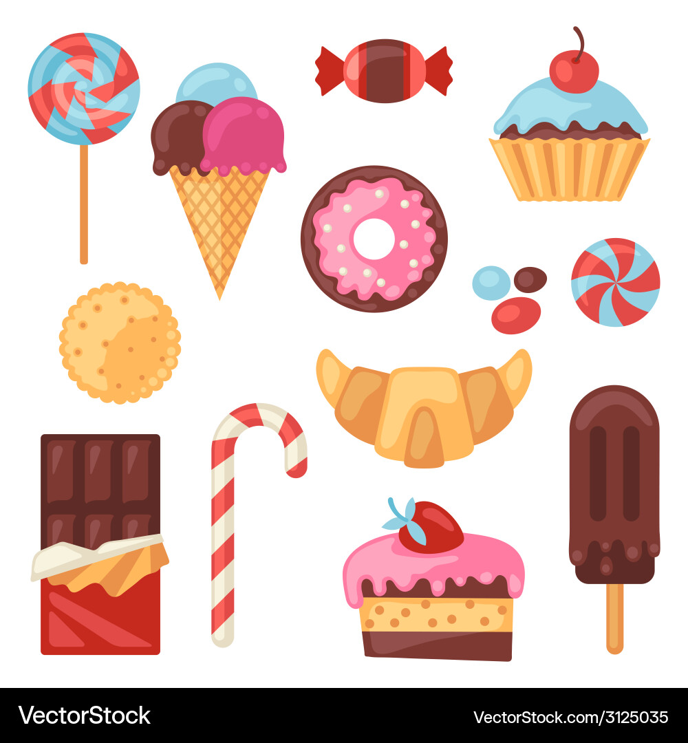 Set colorful various candy sweets and cakes Vector Image