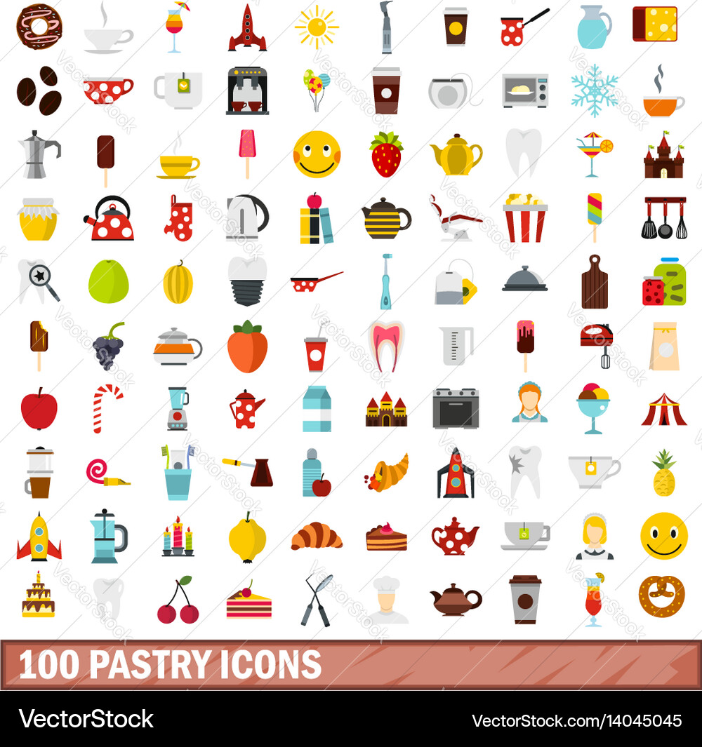 100 pastry icons set flat style Royalty Free Vector Image