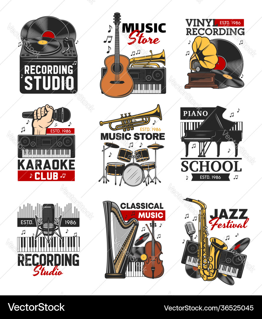Music icons instruments microphone vinyl record Vector Image