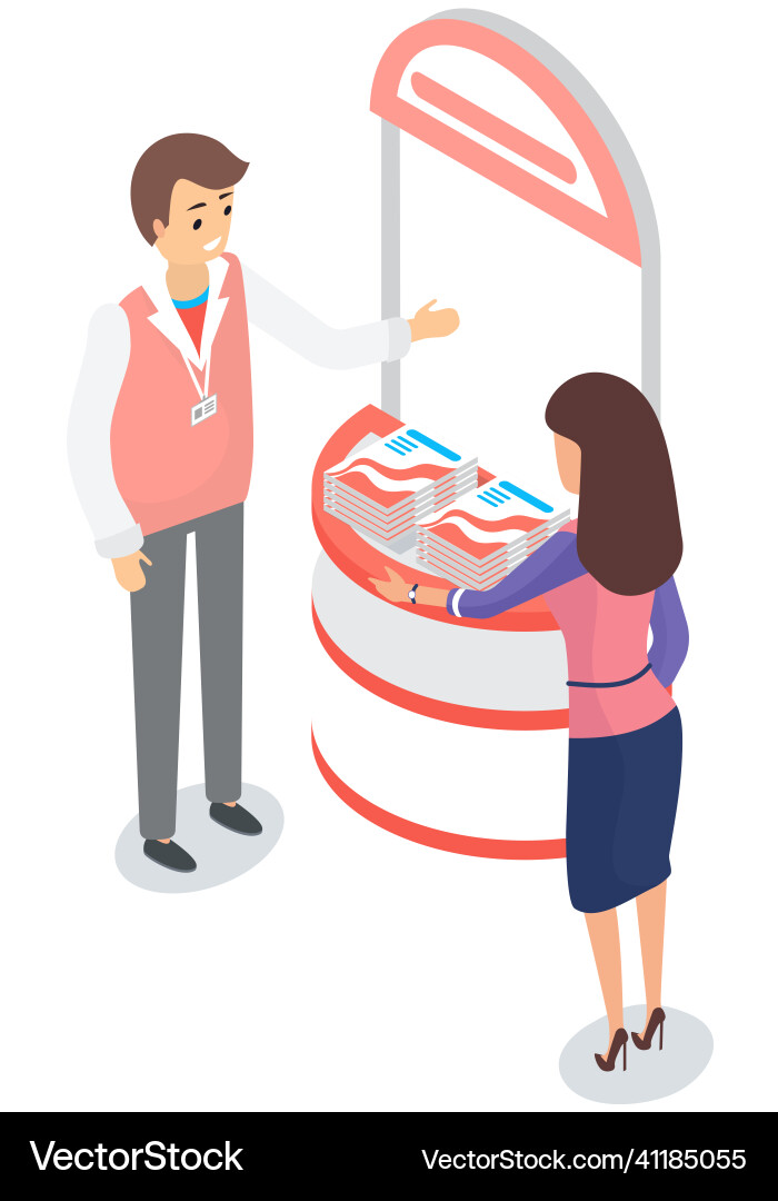 Man with badge distributes books catalogs Vector Image