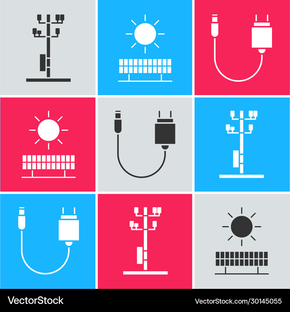 Set high voltage power pole line solar energy Vector Image