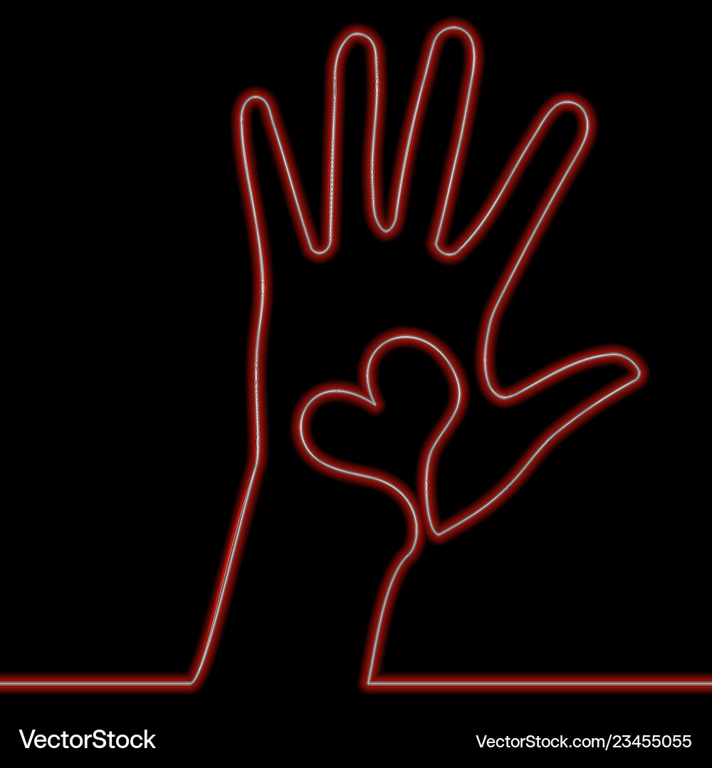Single continuous line hand with heart red neon Vector Image