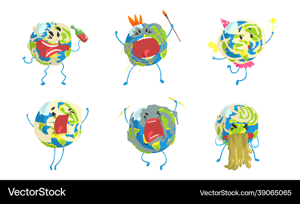 Funny earth planet in various actions set globe Vector Image
