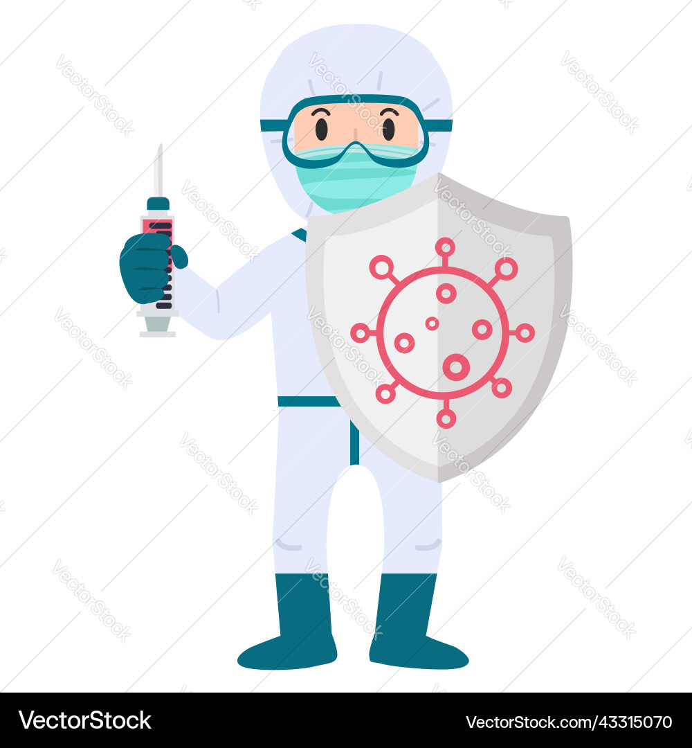 Biosafety worker with shield and syringe cartoon Vector Image